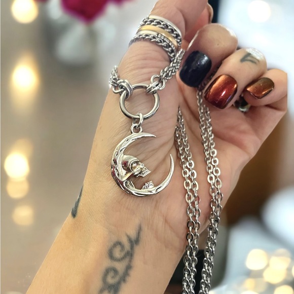 Silverskylight | Jewelry | Double Chain Moon Skull Necklace Stainless ...